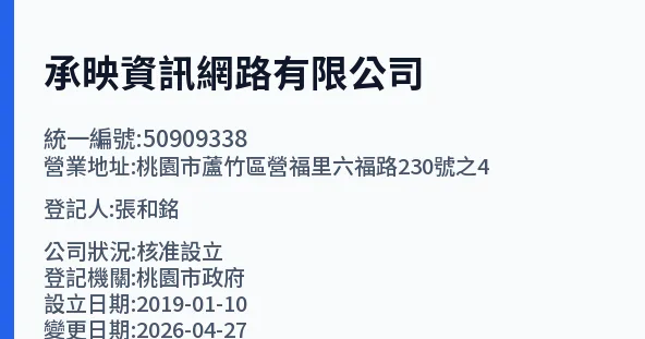承映資訊網路有限公司的照片-統編 50909338(桃園市) 公司登記資料與營業項目詳細圖表