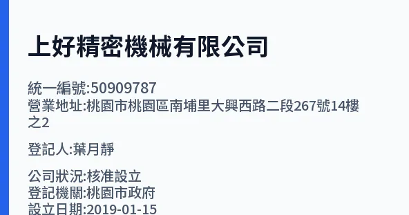 上好精密機械有限公司的照片-統編 50909787(桃園市) 公司登記資料與營業項目詳細圖表