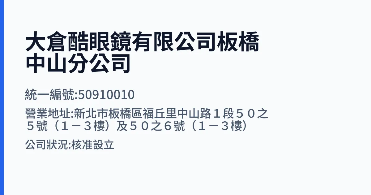 大倉酷眼鏡有限公司板橋中山分公司 - 統編 50910010(新北市) 公司登記資料與營業項目詳細圖表