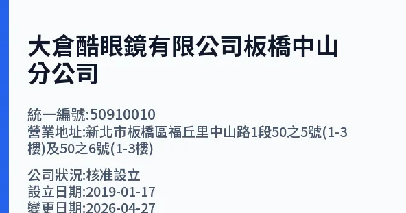 大倉酷眼鏡有限公司板橋中山分公司的照片-統編 50910010(新北市) 公司登記資料與營業項目詳細圖表