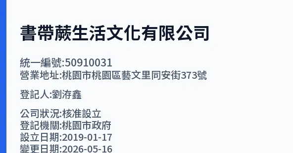 書帶蕨生活文化有限公司的照片-統編 50910031(桃園市) 公司登記資料與營業項目詳細圖表