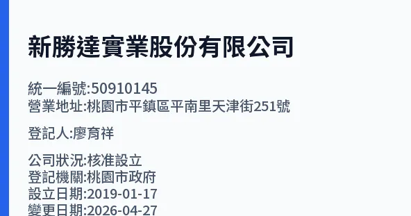 新勝達實業股份有限公司的照片-統編 50910145(桃園市) 公司登記資料與營業項目詳細圖表