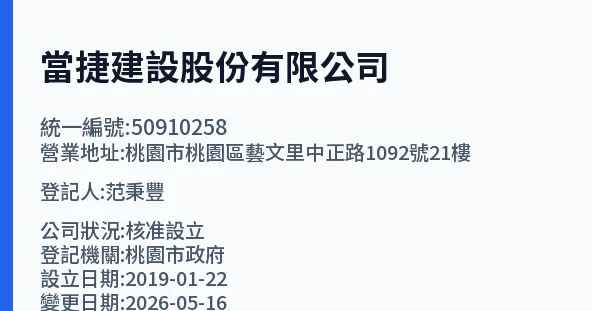 當捷建設股份有限公司的照片-統編 50910258(桃園市) 公司登記資料與營業項目詳細圖表