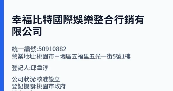 幸福比特國際娛樂整合行銷有限公司的照片-統編 50910882(桃園市) 公司登記資料與營業項目詳細圖表