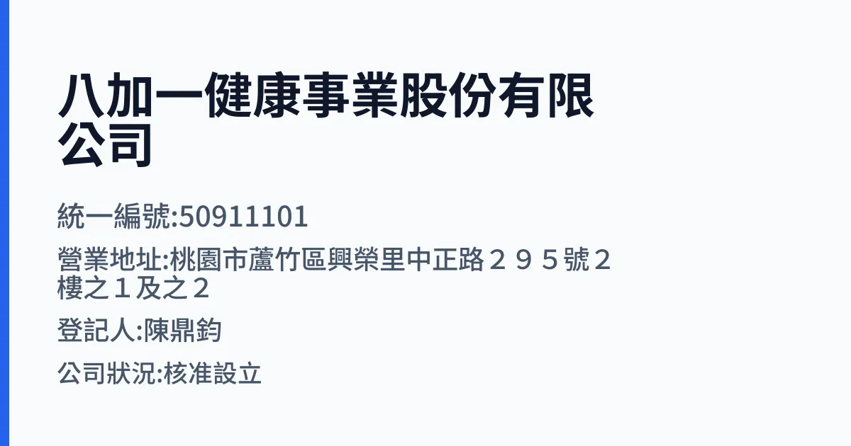 八加一健康事業股份有限公司 - 統編 50911101(桃園市) 公司登記資料與營業項目詳細圖表