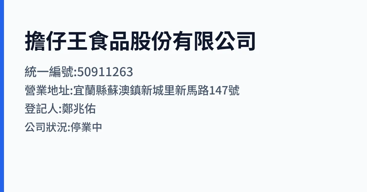 擔仔王食品股份有限公司 - 統編 50911263(宜蘭縣) 公司登記資料與營業項目詳細圖表
