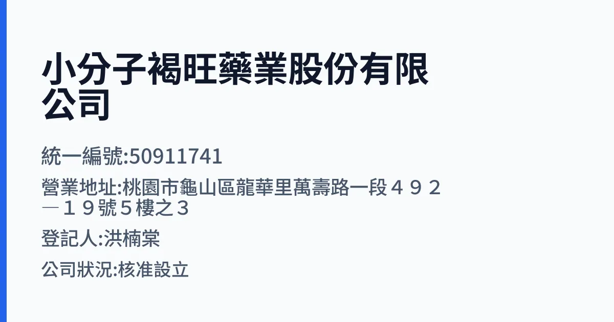 小分子褐旺藥業股份有限公司 - 統編 50911741(桃園市) 公司登記資料與營業項目詳細圖表
