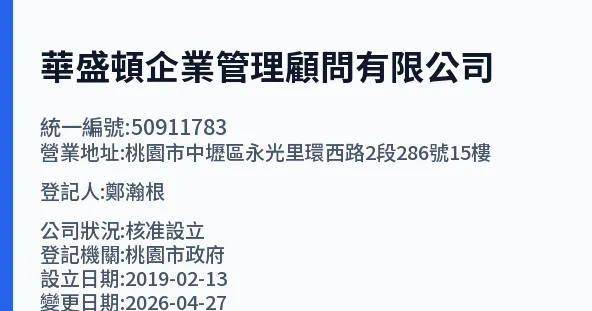 華盛頓企業管理顧問有限公司的照片-統編 50911783(桃園市) 公司登記資料與營業項目詳細圖表