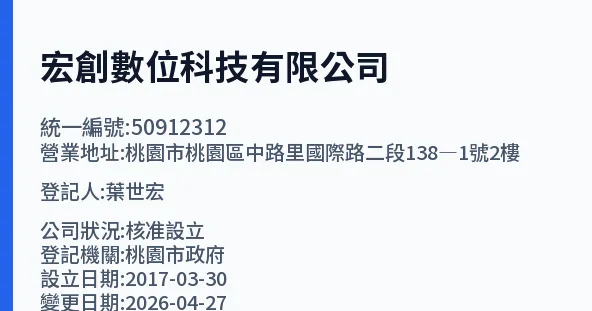 宏創數位科技有限公司的照片-統編 50912312(桃園市) 公司登記資料與營業項目詳細圖表