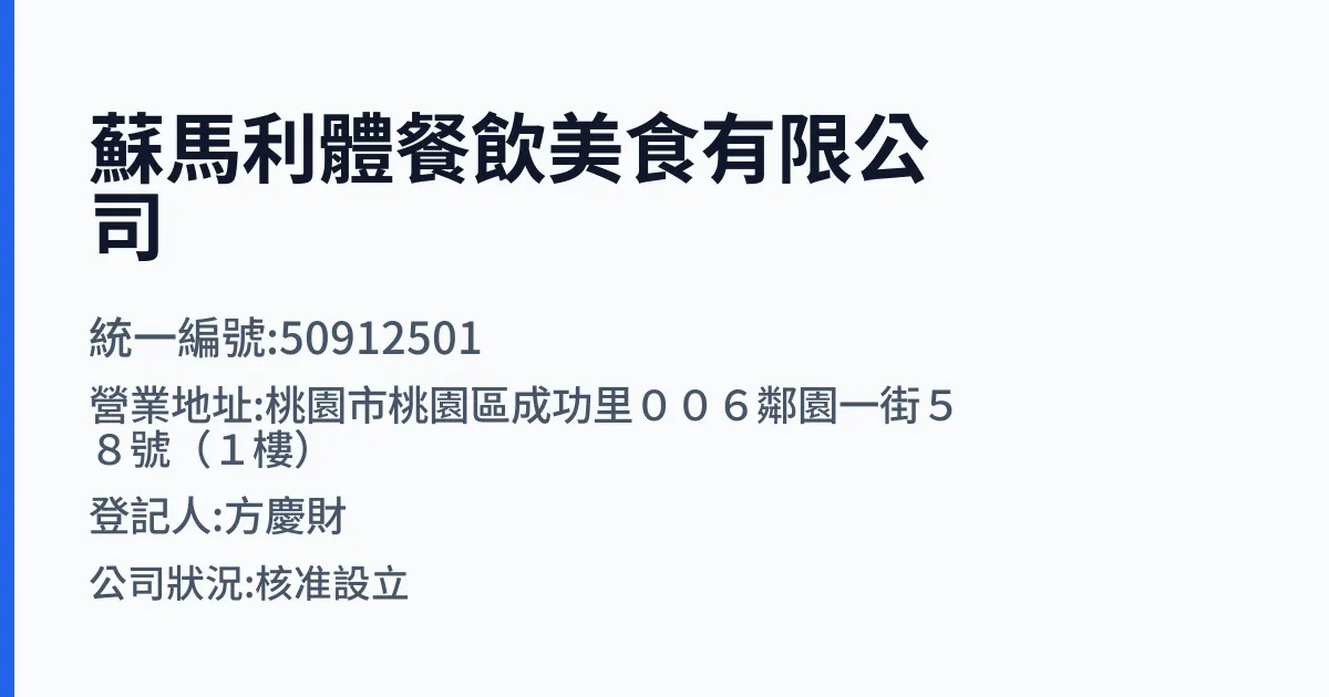 蘇馬利體餐飲美食有限公司 - 統編 50912501(桃園市) 公司登記資料與營業項目詳細圖表