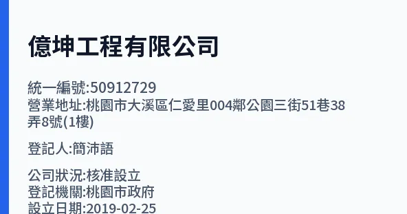 億坤工程有限公司的照片-統編 50912729(桃園市) 公司登記資料與營業項目詳細圖表