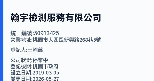 翰宇檢測服務有限公司的照片-統編 50913425(桃園市) 公司登記資料與營業項目詳細圖表