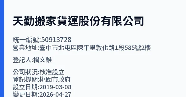 天勤搬家貨運股份有限公司的照片-統編 50913728(臺中市) 公司登記資料與營業項目詳細圖表