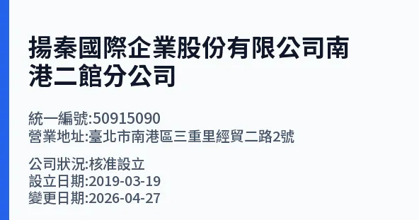 揚秦國際企業股份有限公司南港二館分公司的照片-統編 50915090(臺北市) 公司登記資料與營業項目詳細圖表