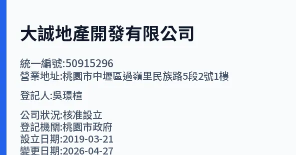 大誠地產開發有限公司的照片-統編 50915296(桃園市) 公司登記資料與營業項目詳細圖表