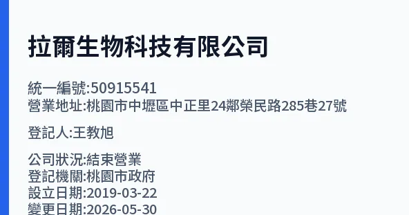 拉爾生物科技有限公司的照片-統編 50915541(桃園市) 公司登記資料與營業項目詳細圖表
