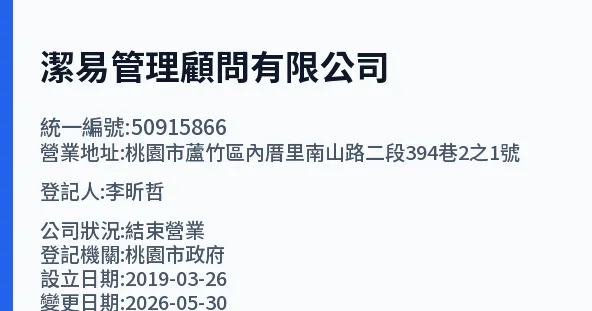 潔易管理顧問有限公司的照片-統編 50915866(桃園市) 公司登記資料與營業項目詳細圖表