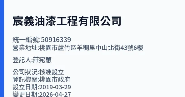 宸義油漆工程有限公司的照片-統編 50916339(桃園市) 公司登記資料與營業項目詳細圖表