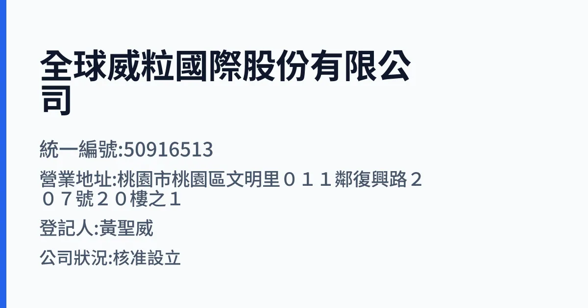 全球威粒國際股份有限公司 - 統編 50916513(桃園市) 公司登記資料與營業項目詳細圖表
