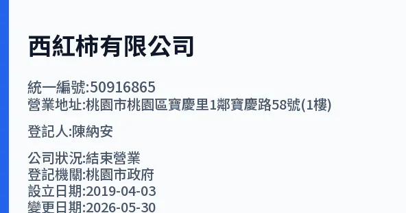 西紅柿有限公司的照片-統編 50916865(桃園市) 公司登記資料與營業項目詳細圖表