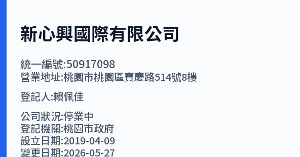 新心興國際有限公司的照片-統編 50917098(桃園市) 公司登記資料與營業項目詳細圖表