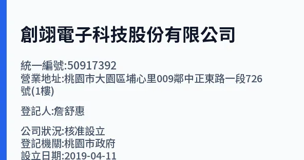 創翊電子科技股份有限公司的照片-統編 50917392(桃園市) 公司登記資料與營業項目詳細圖表