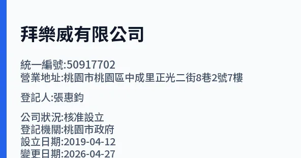 拜樂威有限公司的照片-統編 50917702(桃園市) 公司登記資料與營業項目詳細圖表