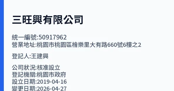 三旺興有限公司的照片-統編 50917962(桃園市) 公司登記資料與營業項目詳細圖表