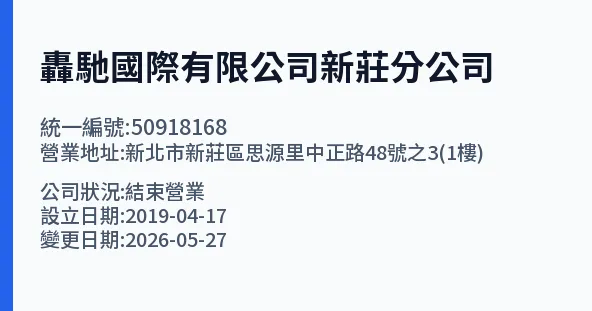 轟馳國際有限公司新莊分公司的照片-統編 50918168(新北市) 公司登記資料與營業項目詳細圖表