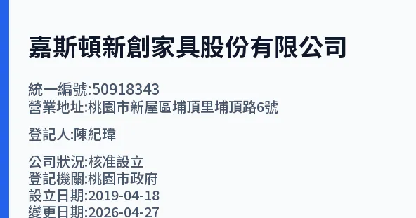 嘉斯頓新創家具股份有限公司的照片-統編 50918343(桃園市) 公司登記資料與營業項目詳細圖表