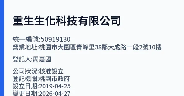 重生生化科技有限公司的照片-統編 50919130(桃園市) 公司登記資料與營業項目詳細圖表