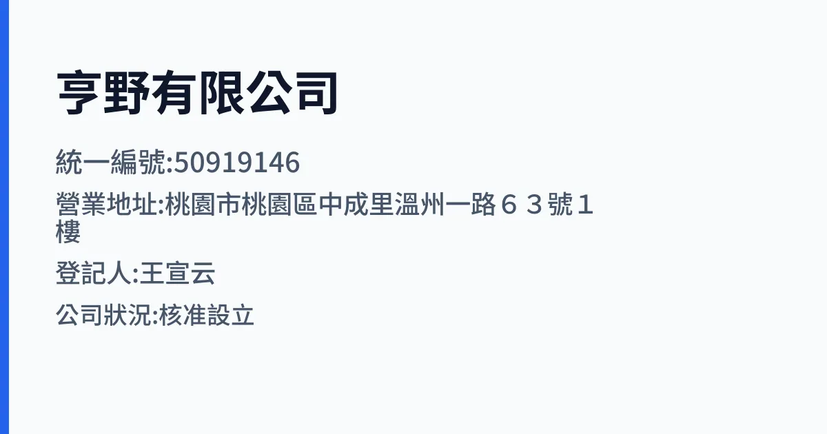 亨野有限公司 - 統編 50919146(桃園市) 公司登記資料與營業項目詳細圖表