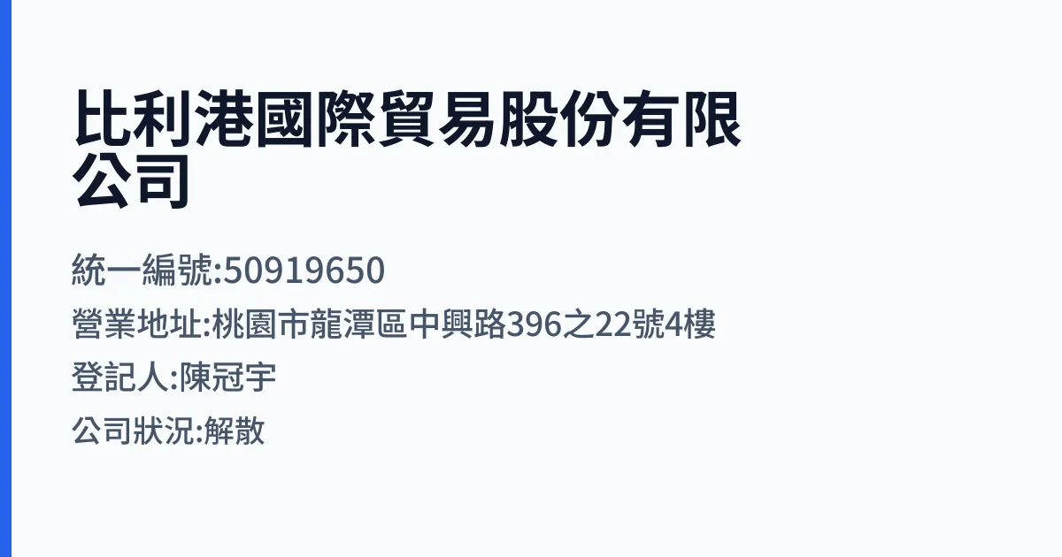 比利港國際貿易股份有限公司 - 統編 50919650(桃園市) 公司登記資料與營業項目詳細圖表