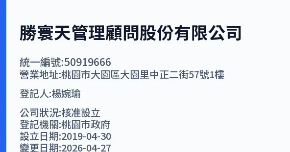 勝寰天管理顧問股份有限公司的照片-統編 50919666(桃園市) 公司登記資料與營業項目詳細圖表