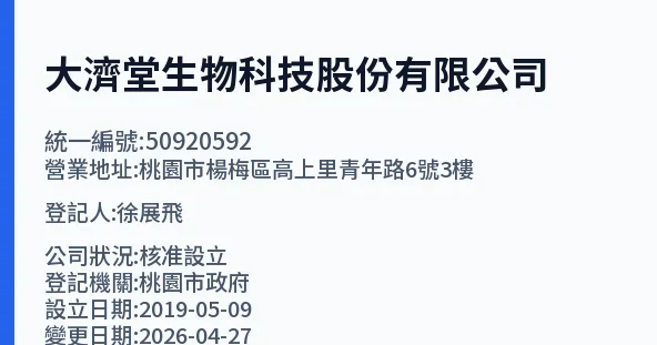 大濟堂生物科技股份有限公司的照片-統編 50920592(桃園市) 公司登記資料與營業項目詳細圖表
