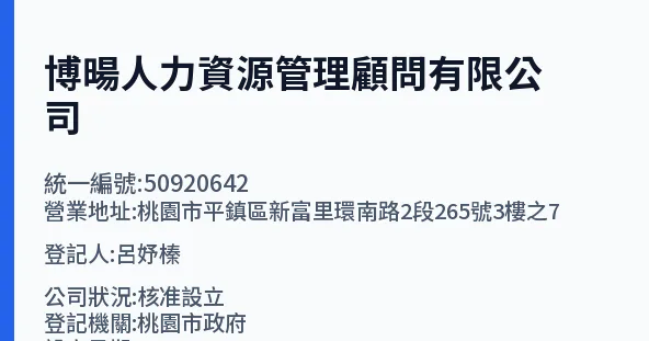 博暘人力資源管理顧問有限公司的照片-統編 50920642(桃園市) 公司登記資料與營業項目詳細圖表