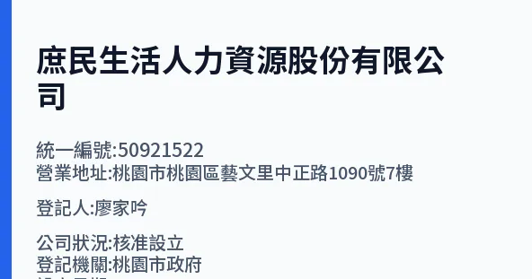 庶民生活人力資源股份有限公司的照片-統編 50921522(桃園市) 公司登記資料與營業項目詳細圖表