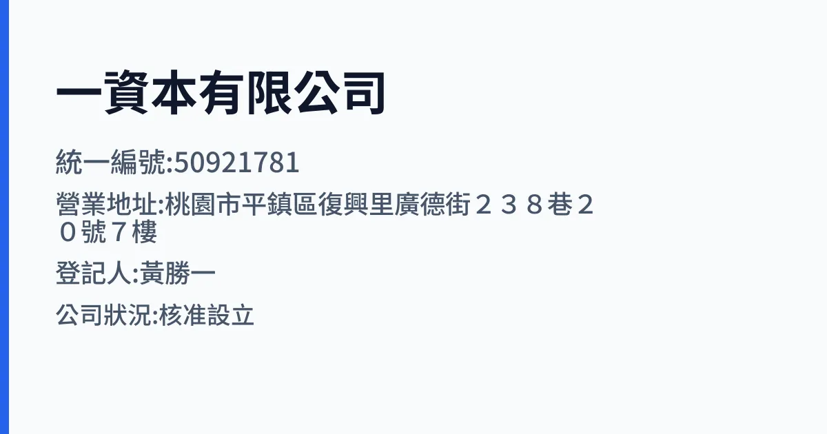 一資本有限公司 - 統編 50921781(桃園市) 公司登記資料與營業項目詳細圖表