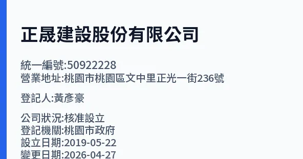 正晟建設股份有限公司的照片-統編 50922228(桃園市) 公司登記資料與營業項目詳細圖表