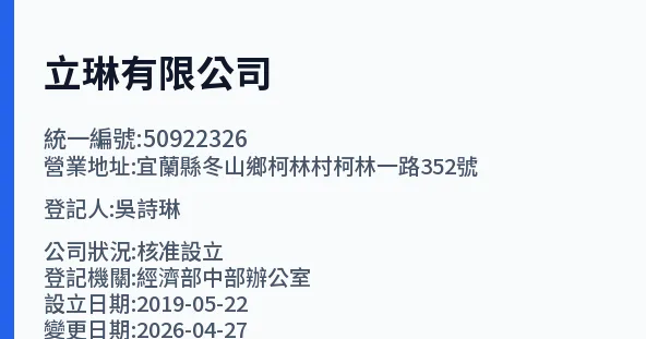 立琳有限公司的照片-統編 50922326(宜蘭縣) 公司登記資料與營業項目詳細圖表