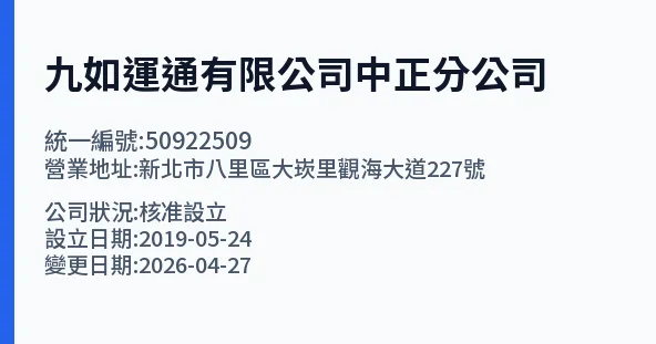 九如運通有限公司中正分公司的照片-統編 50922509(新北市) 公司登記資料與營業項目詳細圖表