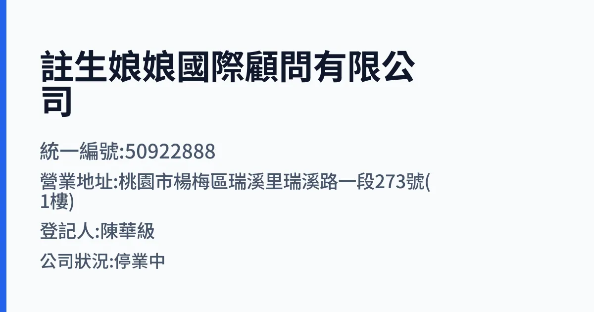註生娘娘國際顧問有限公司 - 統編 50922888(桃園市) 公司登記資料與營業項目詳細圖表