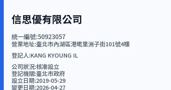 信思優有限公司的照片-統編 50923057(臺北市) 公司登記資料與營業項目詳細圖表