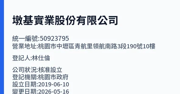 墩基實業股份有限公司的照片-統編 50923795(桃園市) 公司登記資料與營業項目詳細圖表