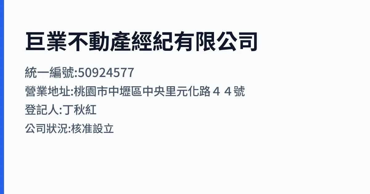 巨業不動產經紀有限公司 - 統編 50924577(桃園市) 公司登記資料與營業項目詳細圖表