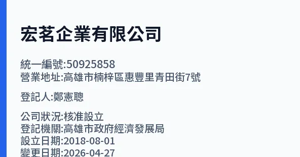 宏茗企業有限公司的照片-統編 50925858(高雄市) 公司登記資料與營業項目詳細圖表