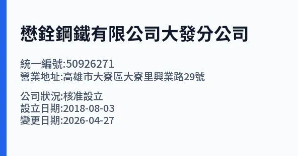 懋銓鋼鐵有限公司大發分公司的照片-統編 50926271(高雄市) 公司登記資料與營業項目詳細圖表