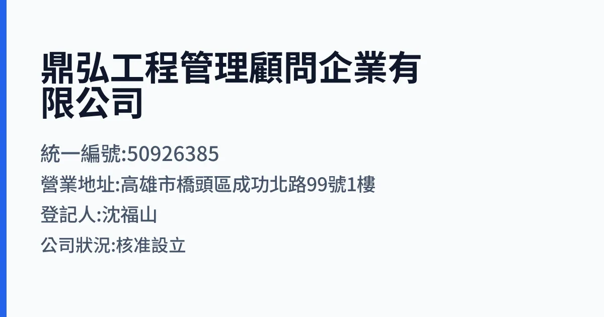 鼎弘工程管理顧問企業有限公司 - 統編 50926385(高雄市) 公司登記資料與營業項目詳細圖表