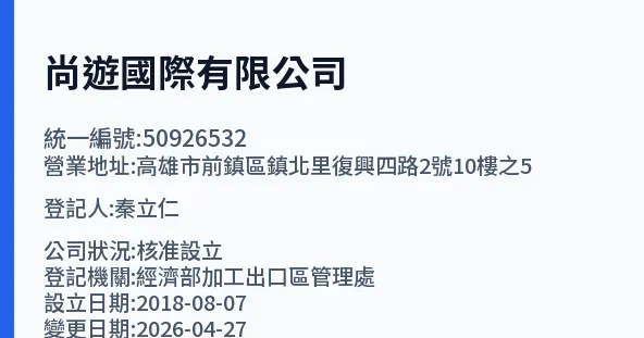 尚遊國際有限公司的照片-統編 50926532(高雄市) 公司登記資料與營業項目詳細圖表