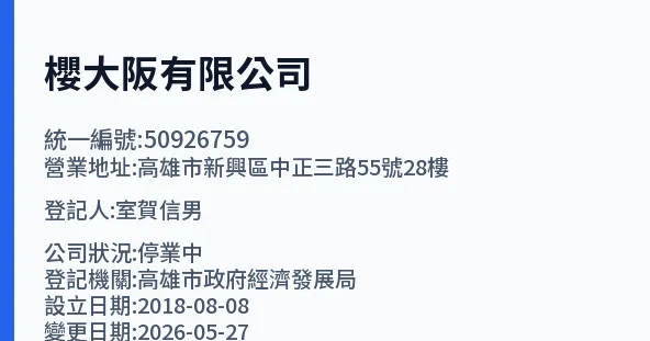 櫻大阪有限公司的照片-統編 50926759(高雄市) 公司登記資料與營業項目詳細圖表